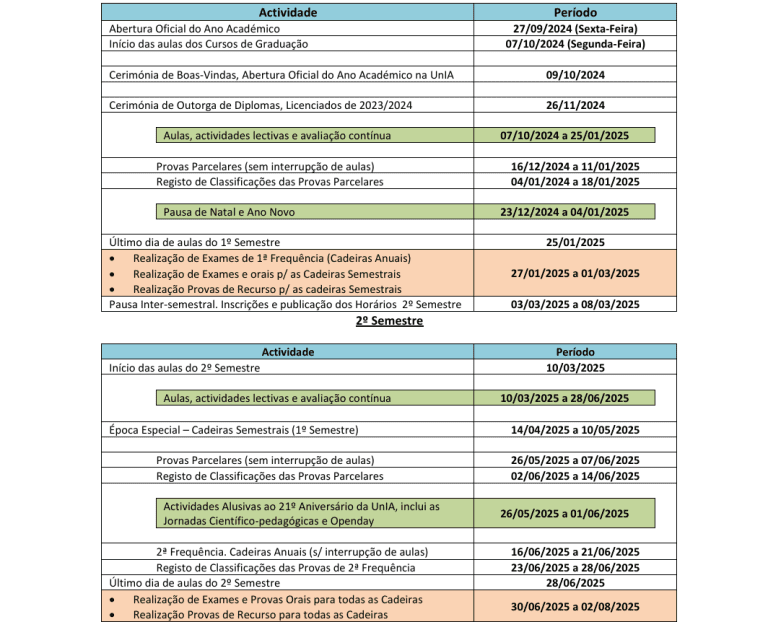 Calendário académico - Universidade Independente de Angola - UnIA
