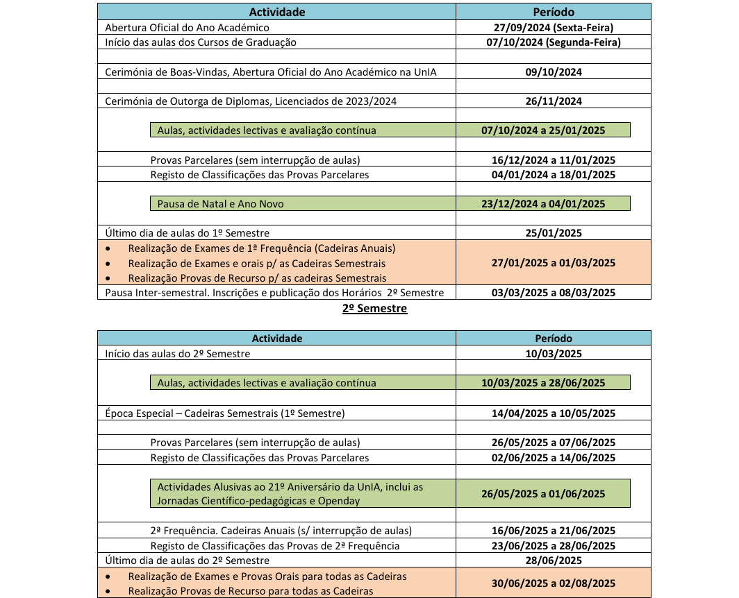 Calendário académico - Universidade Independente de Angola - UnIA