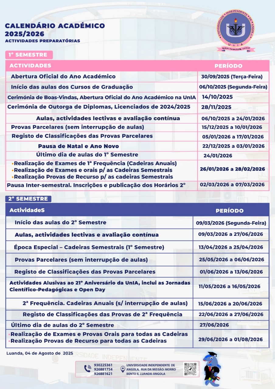 Calendário académico - Universidade Independente de Angola - UnIA